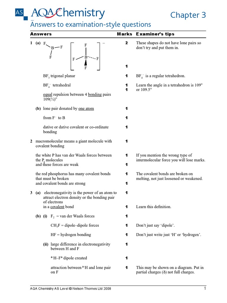 Chapter 3 Answers To Examination Style Questions On Chapter 3 | PDF ...