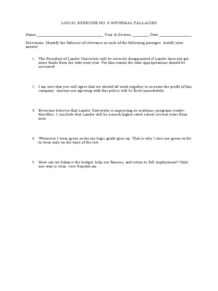 LOG101 Exercise No. 8 Informal Fallacies (20230519063445) | PDF