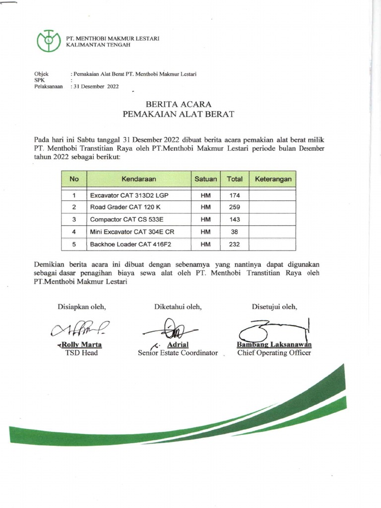 BA Pemakaian Alat Berat Bulan Desember 2022 | PDF