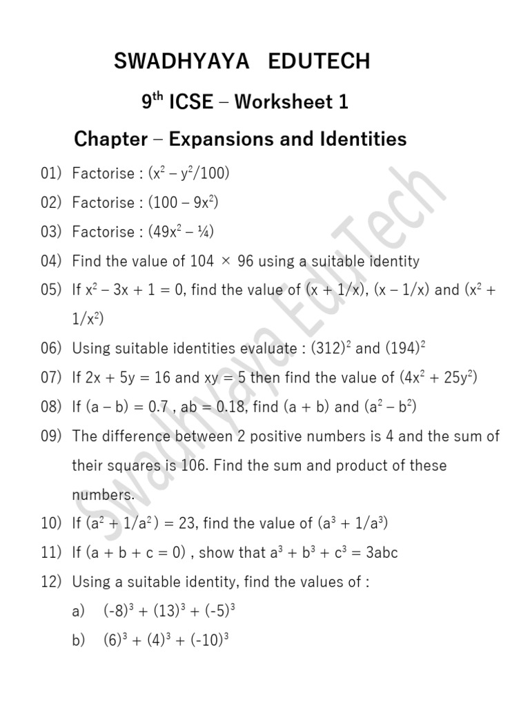 Class 9 ICSE Expansions Worksheet | PDF