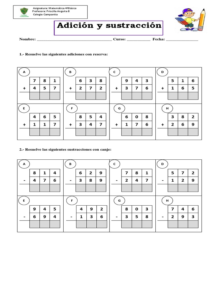 Ejercicios de Sumas y Restas 4º Básico | PDF | Aritmética | Matemática ...