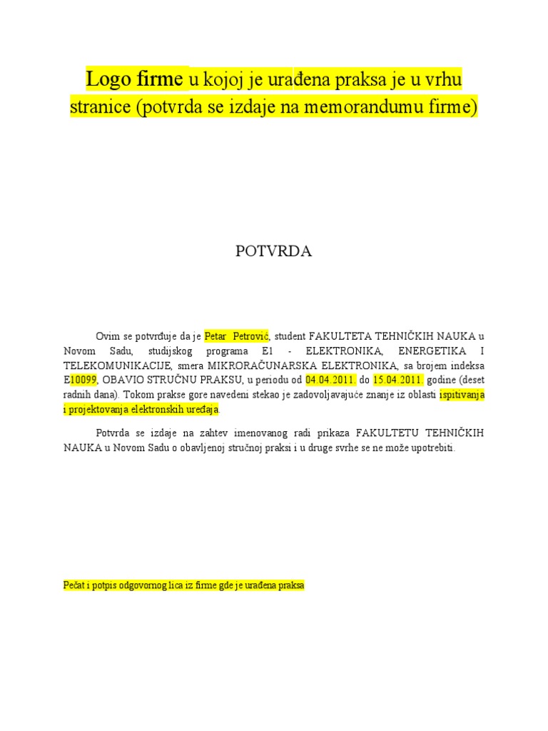 Potvrda Za Praksu Primer | PDF