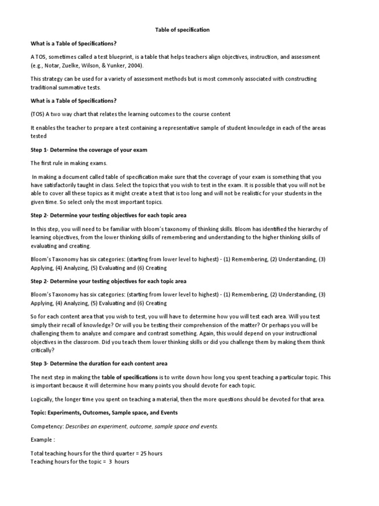 Table of Specification | PDF | Validity (Statistics) | Educational ...