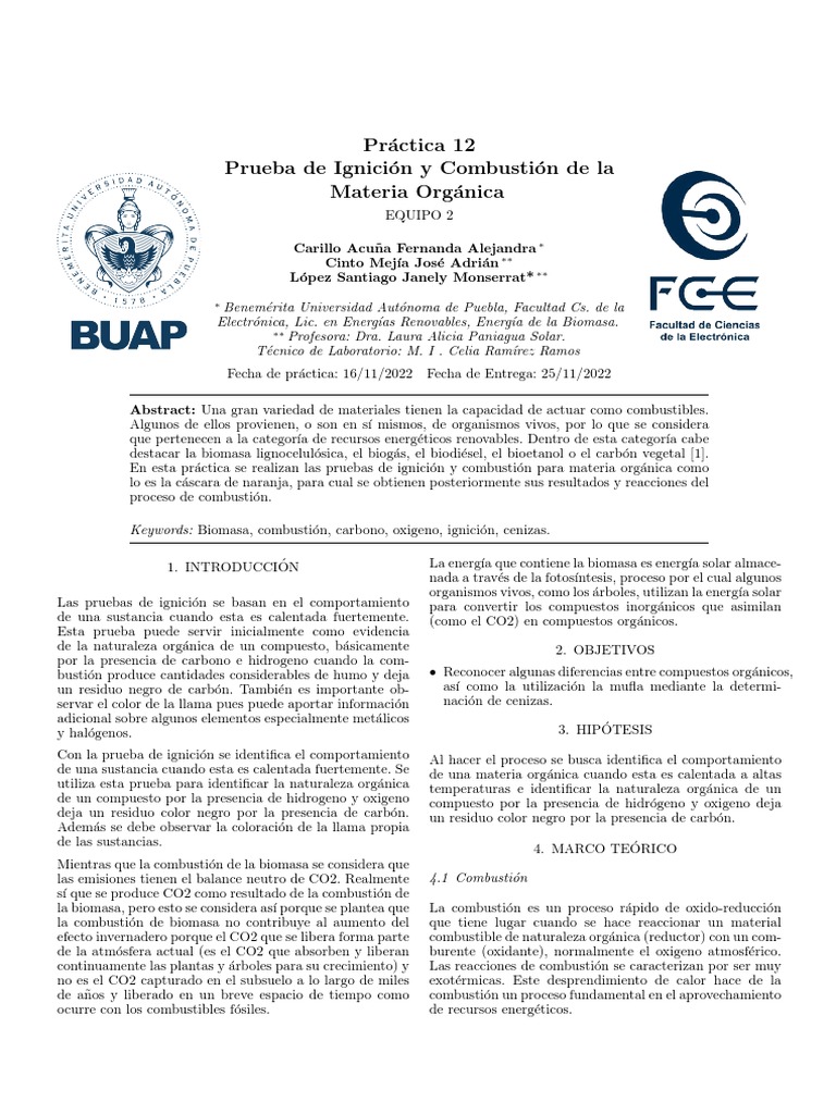 Practica 12 Biomasa Equipo 2 | PDF | Combustión | Dióxido de carbono