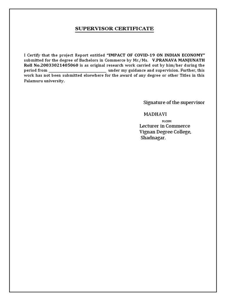 Supervisor Certificate for Project Submission | PDF