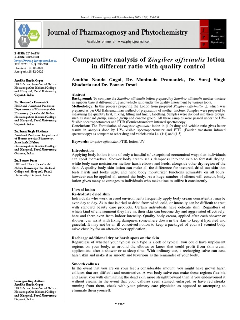 Comparative Analysis of Zingiber Officinalis Lotion in Different Ratio With Quality Control ...