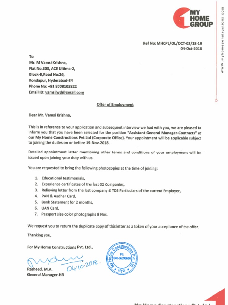 M Vamsi Krishna-Offer Letter | PDF