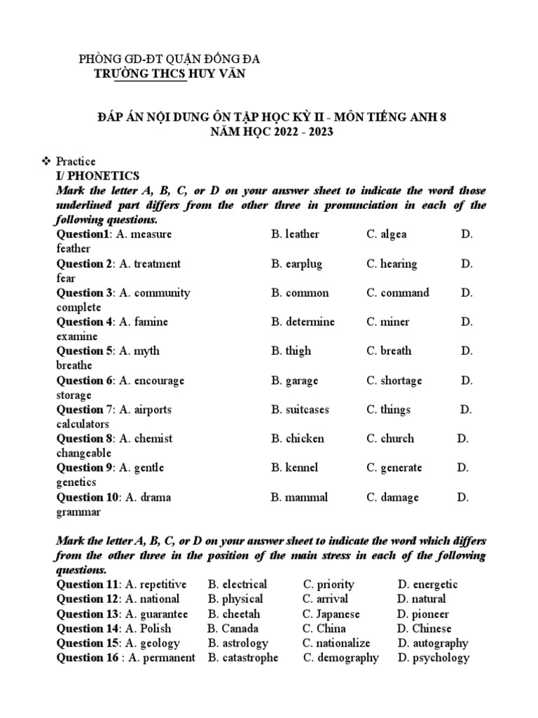 Key ND Ôn Tập Cuối Kỳ Ii Anh 8 | PDF | Pollution | Earthquakes