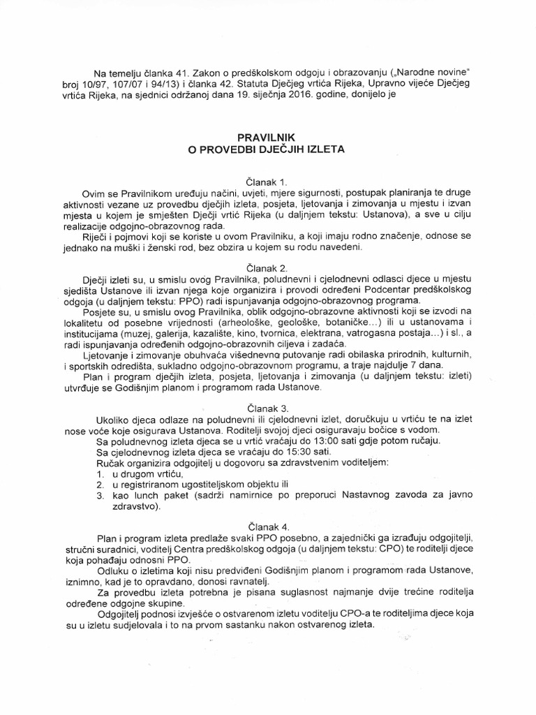 Pravilnik o Provedbi Djecjih Izleta | PDF