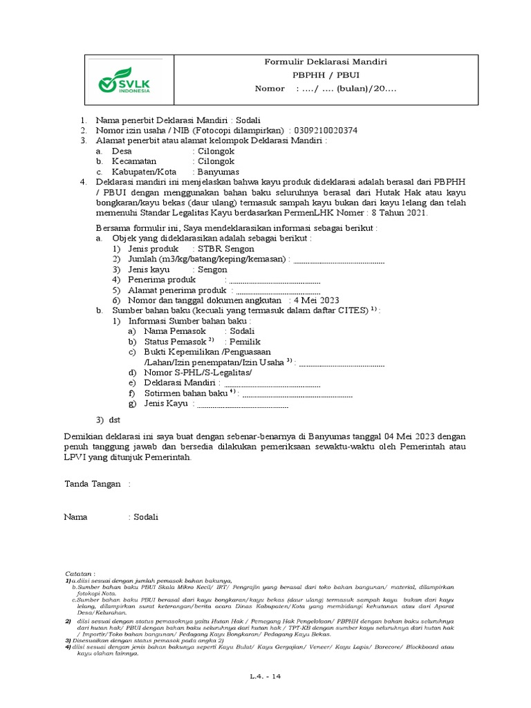 Form Deklarasi Mandiri PBPHH - PBUI | PDF