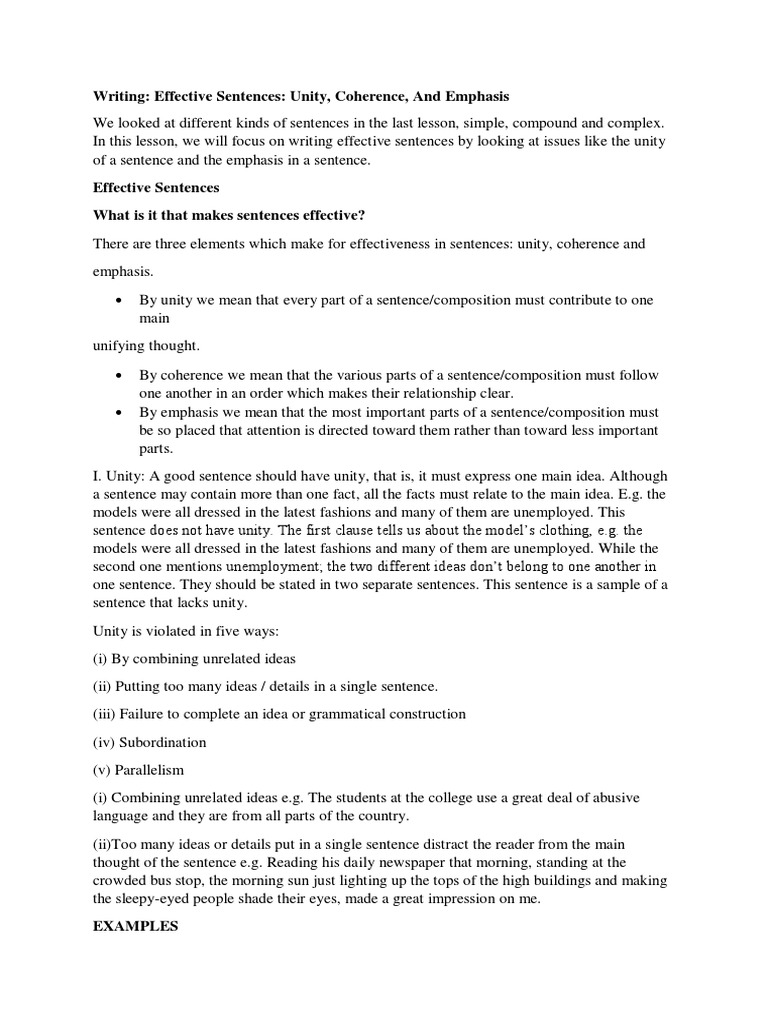 Writing. Unity Coherence and Emphasis | PDF | Sentence (Linguistics ...