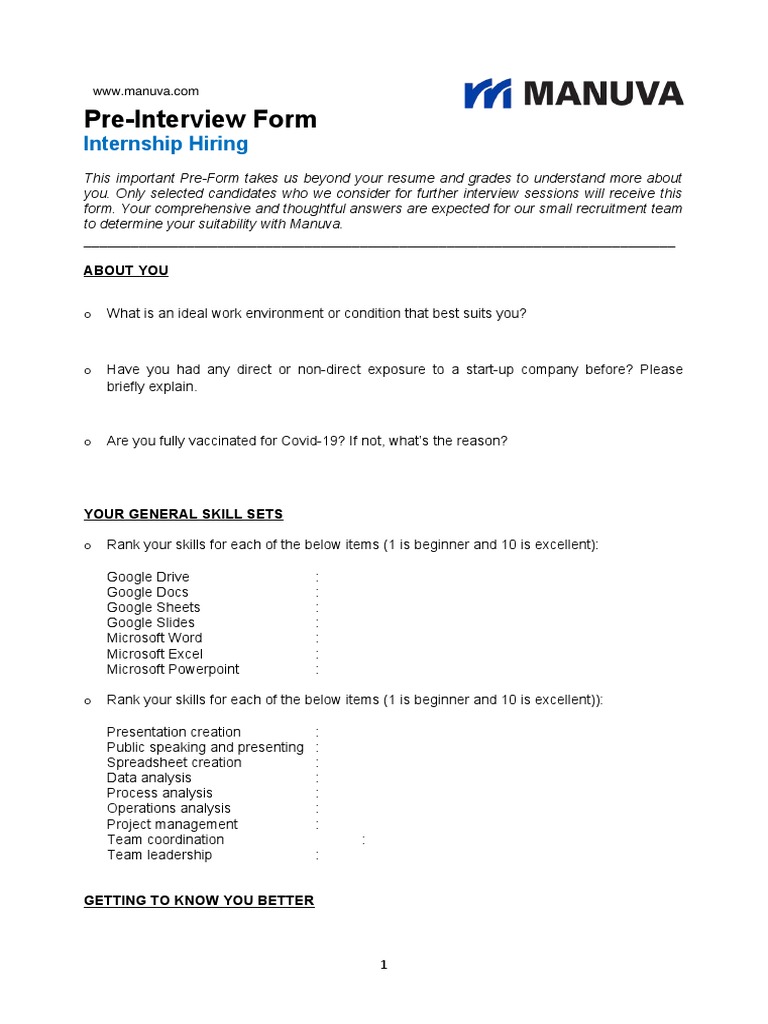 (MNV) Internship Pre-Interview Form (Please Download) | PDF | Computing