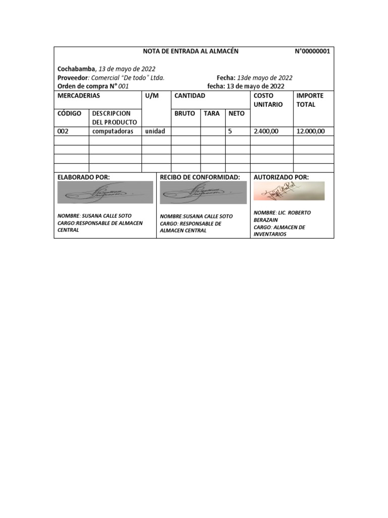 Nota de Entrada Al Almacén | PDF
