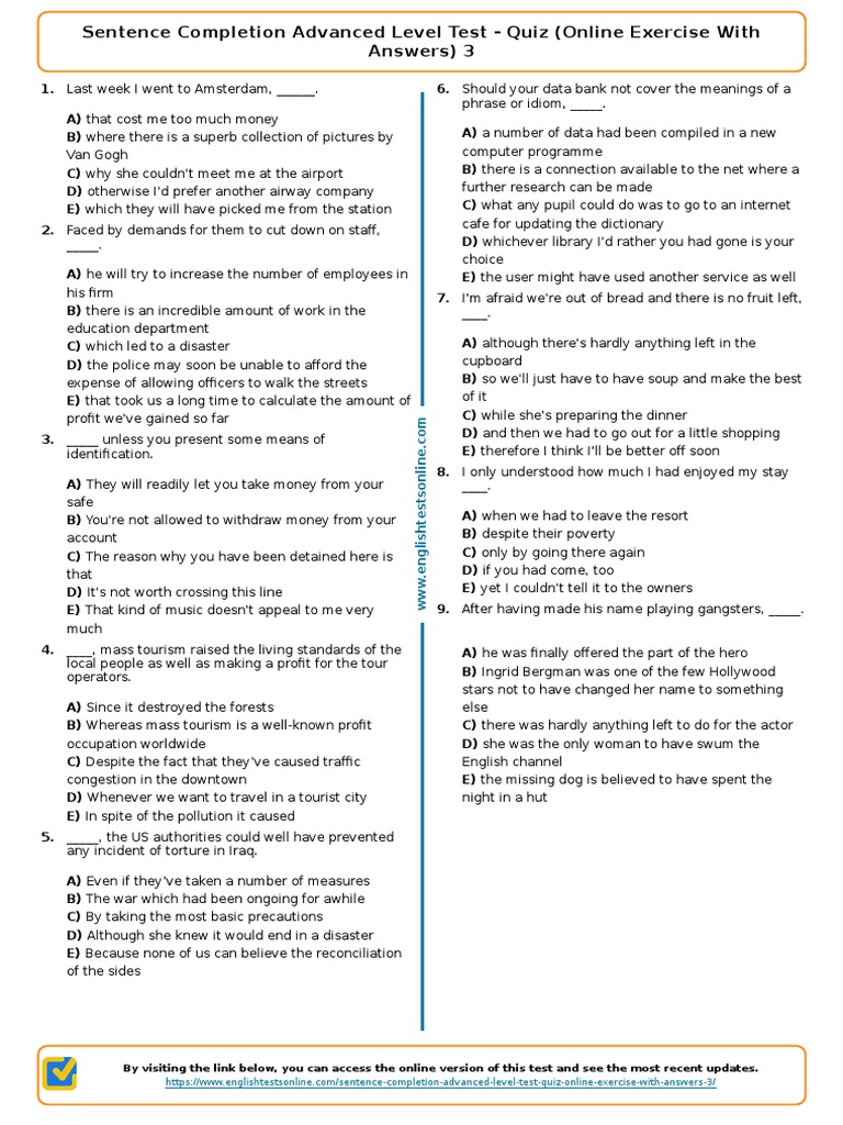 371 - Sentence Completion Advanced Level Test Quiz Online Exercise With ...