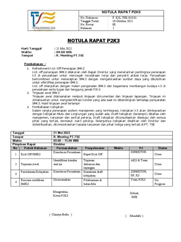 Notulen Rapat P2K3 Bulanan 1 | PDF
