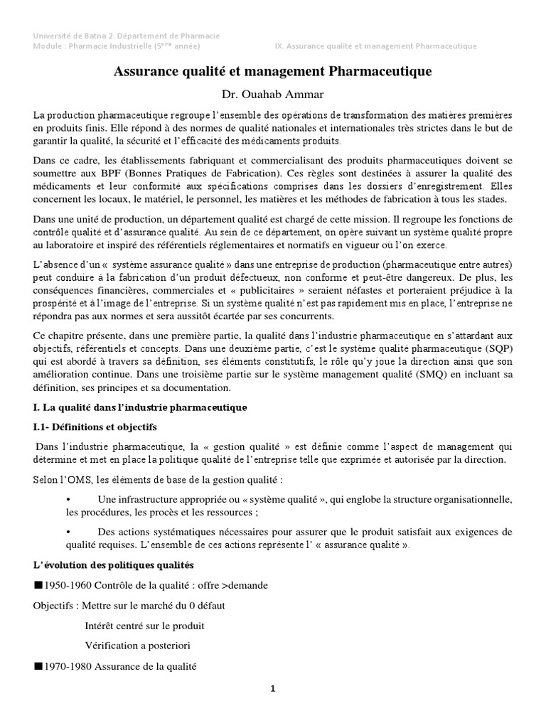 Assurance Qualité en Industrie Pharmaceutique | PDF | Processus d ...