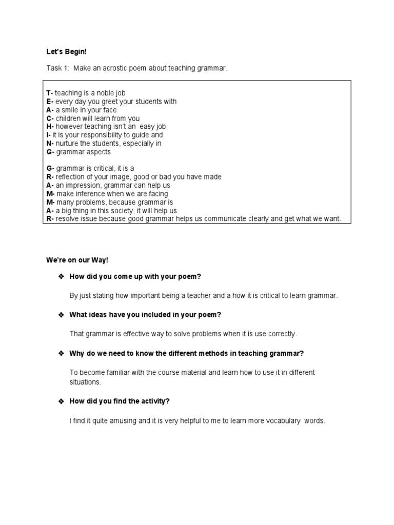 Acrostic Poem on Teaching Grammar | PDF | Language Arts & Discipline