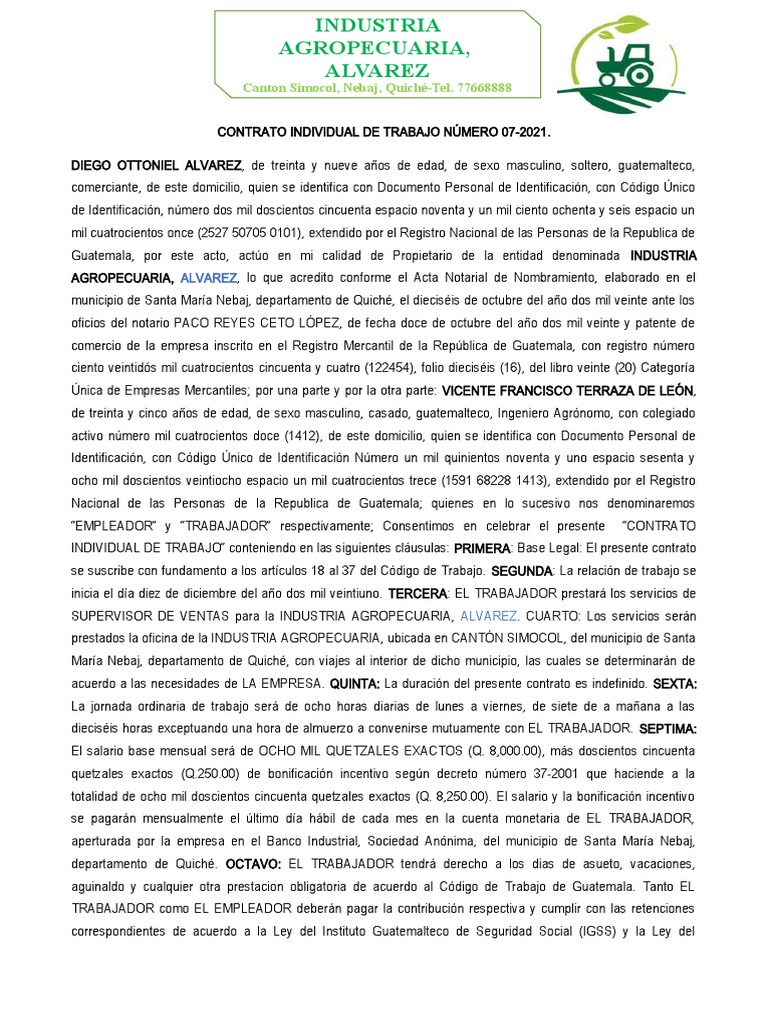 1.2. Contrato Individual de Trabajo | PDF | Guatemala | Salario
