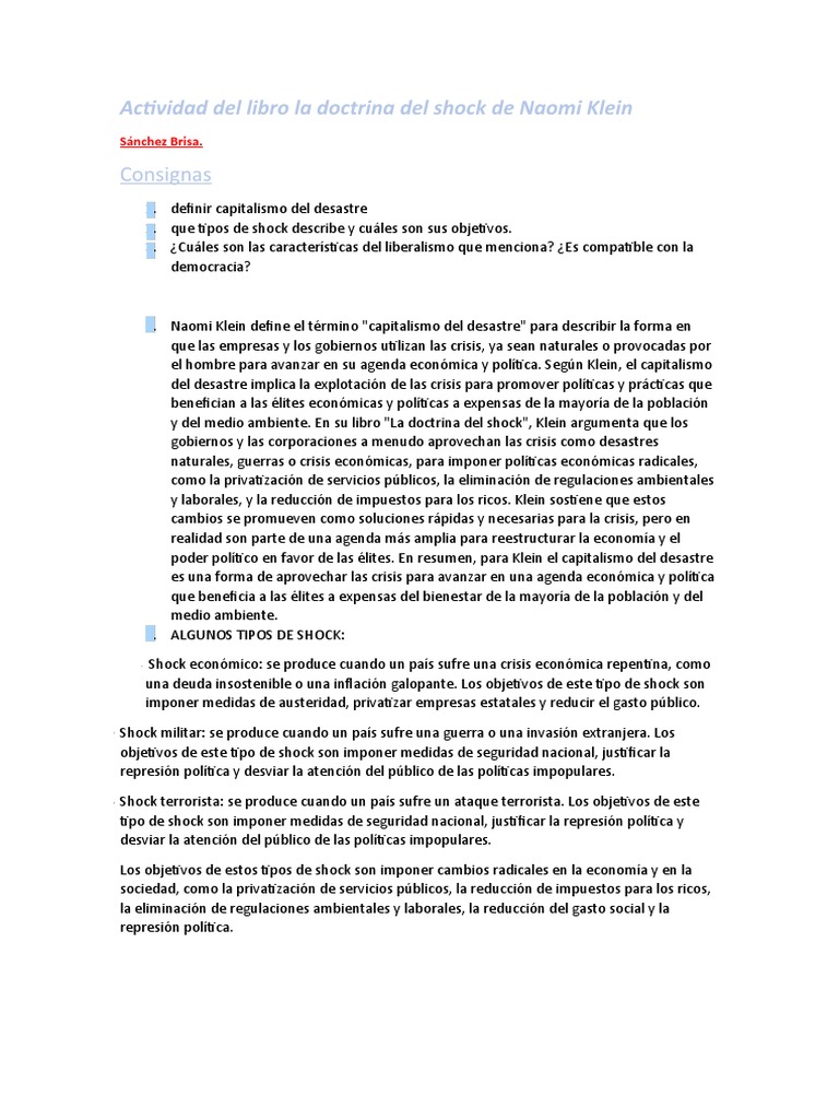 Actividad Del Libro La Doctrina Del Shock de Naomi Klein | PDF ...