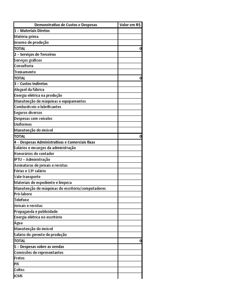 Planilhas de Custos e Despesas | PDF
