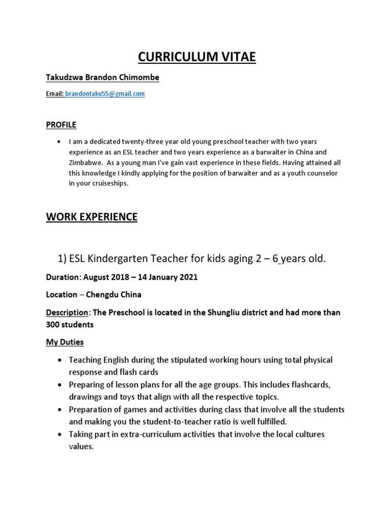 Takudzwa Brandon CV and Attached Documents | PDF | Bartender