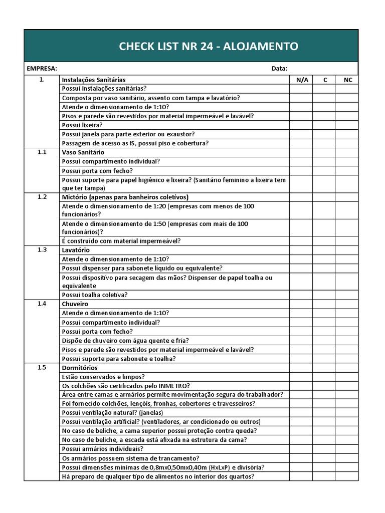 Check List NR 24 - Alojamento | PDF | Banheiro | Casa
