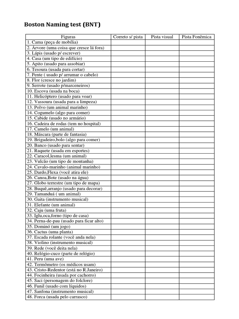 Boston Naming Test PDF | PDF | Artes Linguísticas e Disciplina
