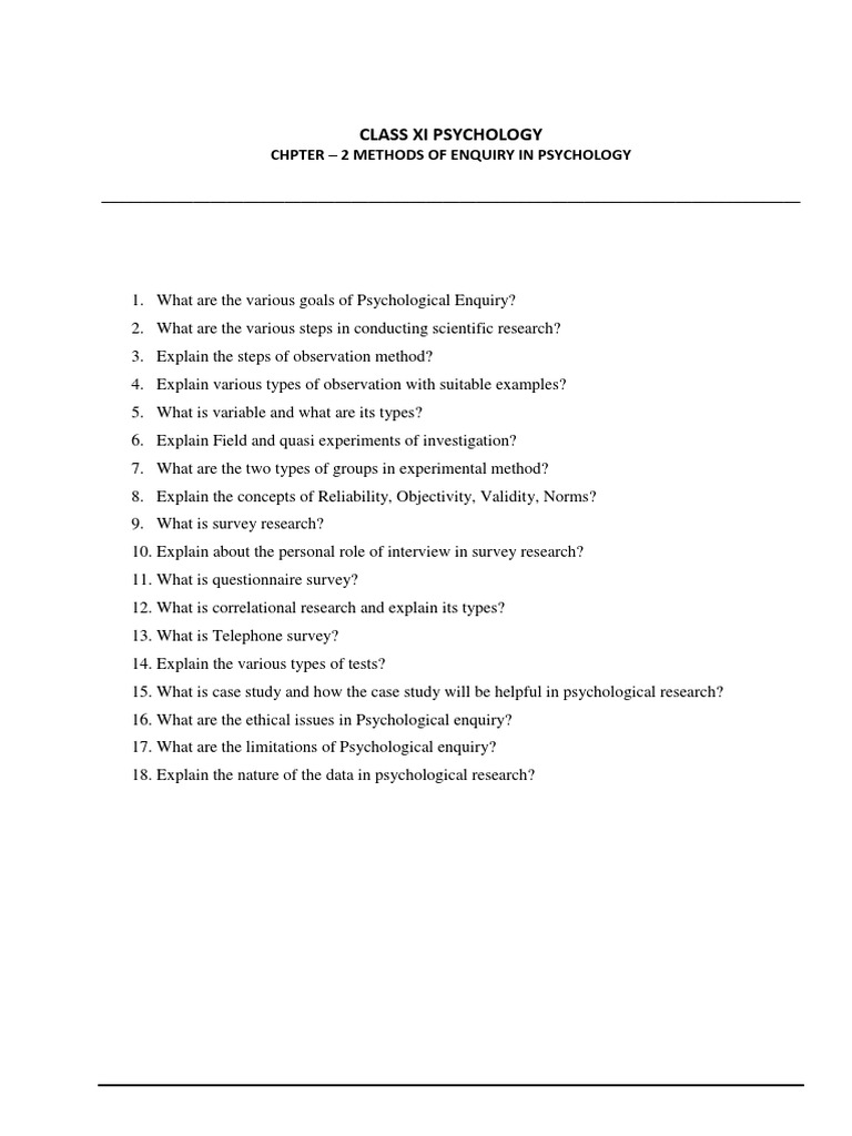 CBSE Class 11 Psychology Methods of Enquiry Worksheet | PDF