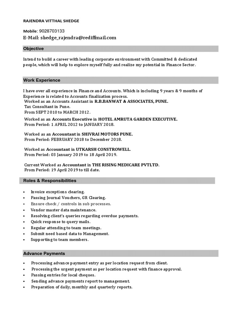 Resume Rajendra V Shedge | PDF | Accounting | Cheque
