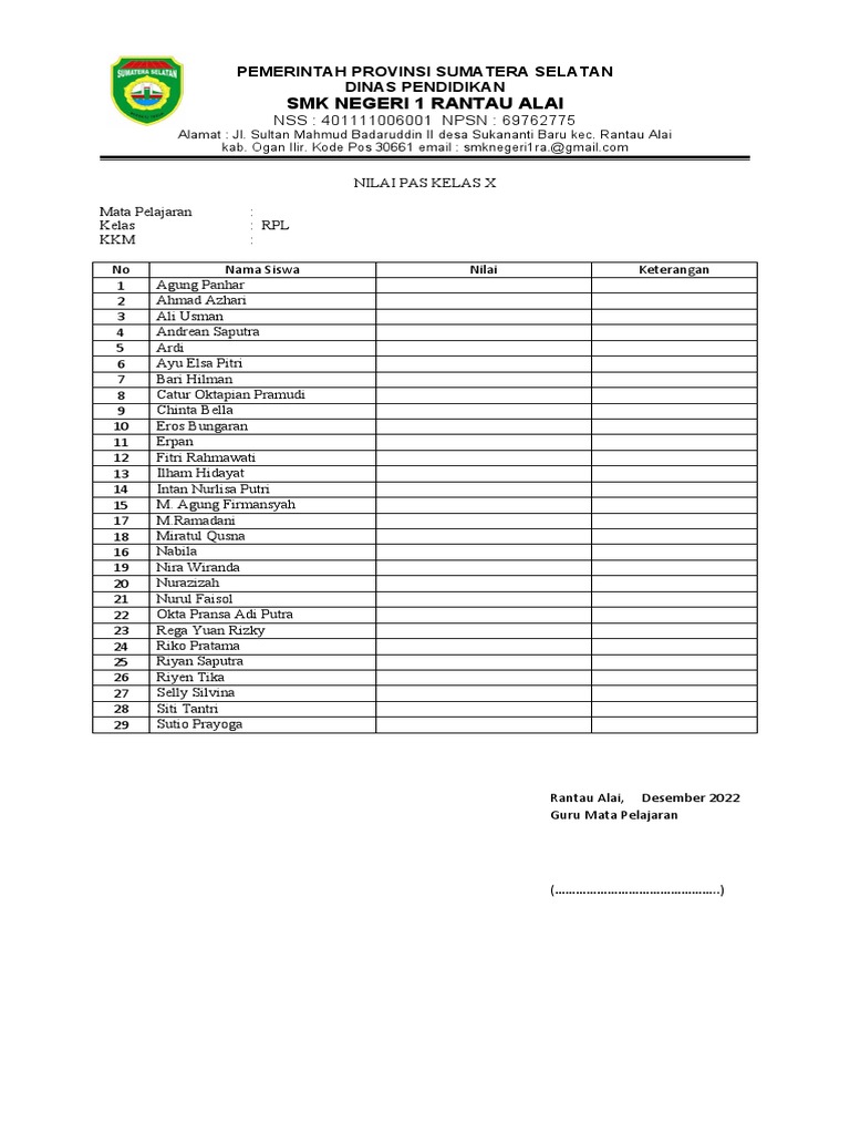 Format Nilai Pas Kelas X | PDF