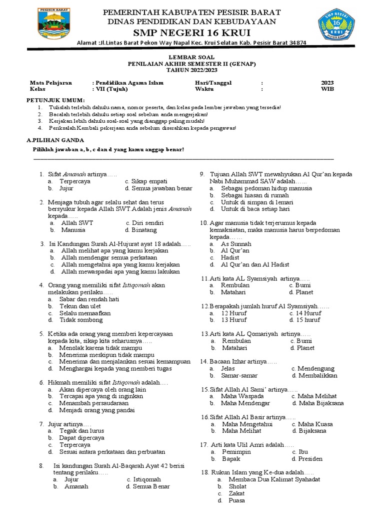 Soal Pai Kls Vii SMT 2 2023 | PDF | Agama & Spiritualitas