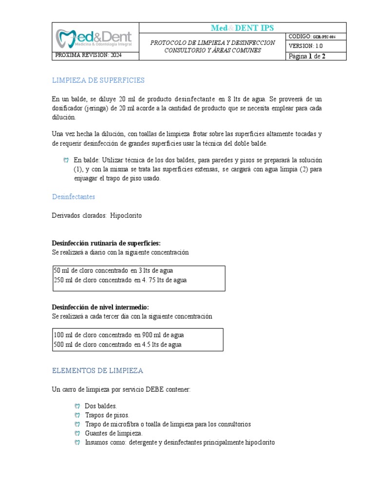Protocolo de Limpieza y Desinfeccion Consultorios y Areas Comunes | PDF | Agua | Cloro