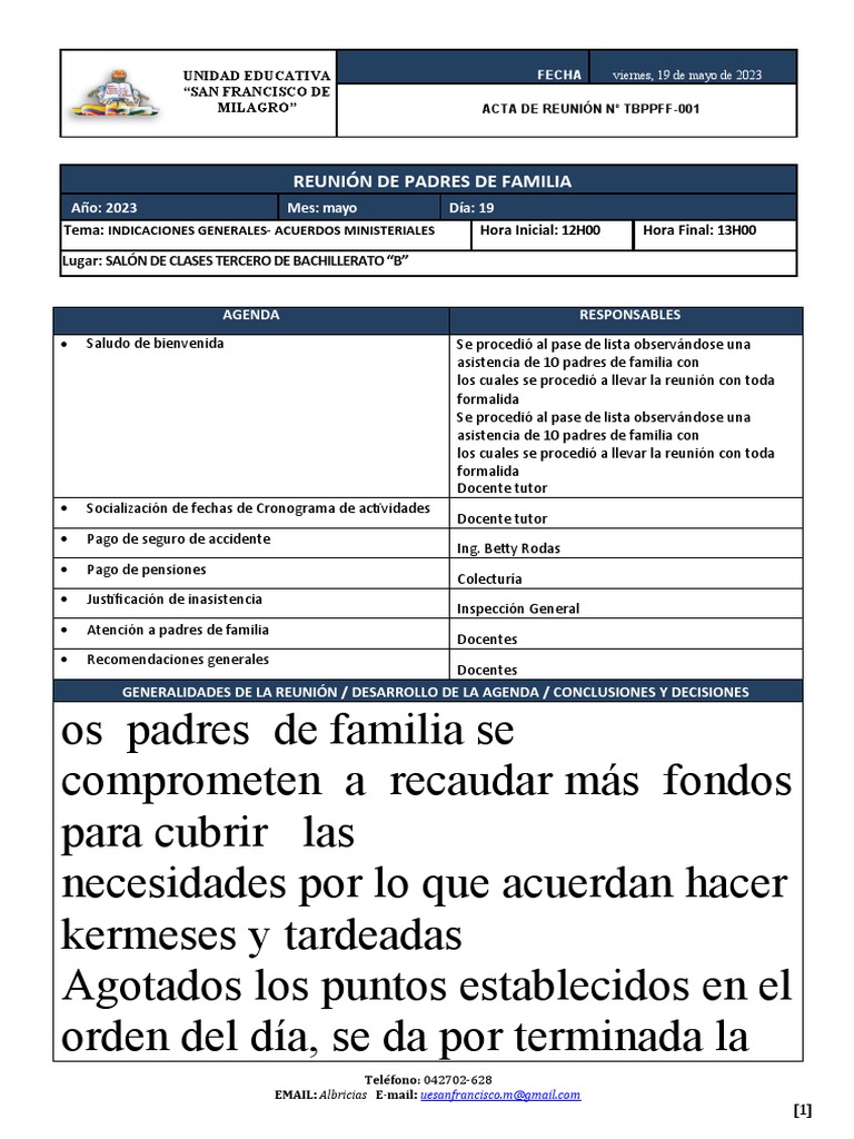 Acta Reunion Padres de Familia | PDF
