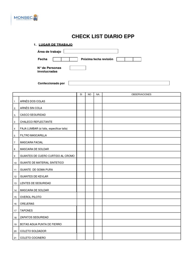Check List Diario Epp Monbec | PDF