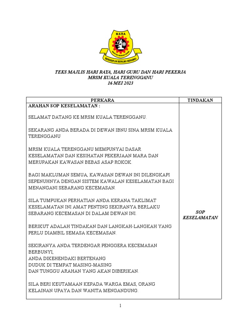 Teks Emcee Sambutan Raya, Guru Pekerja | PDF