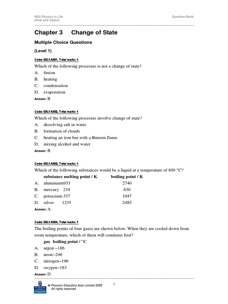 Change of State: Multiple Choice Questions | PDF | Latent Heat ...