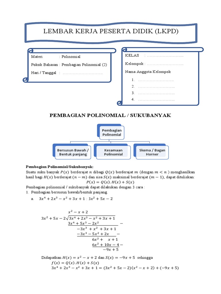 Polinomial - Pembagian Polinom - LKPD 2 | PDF
