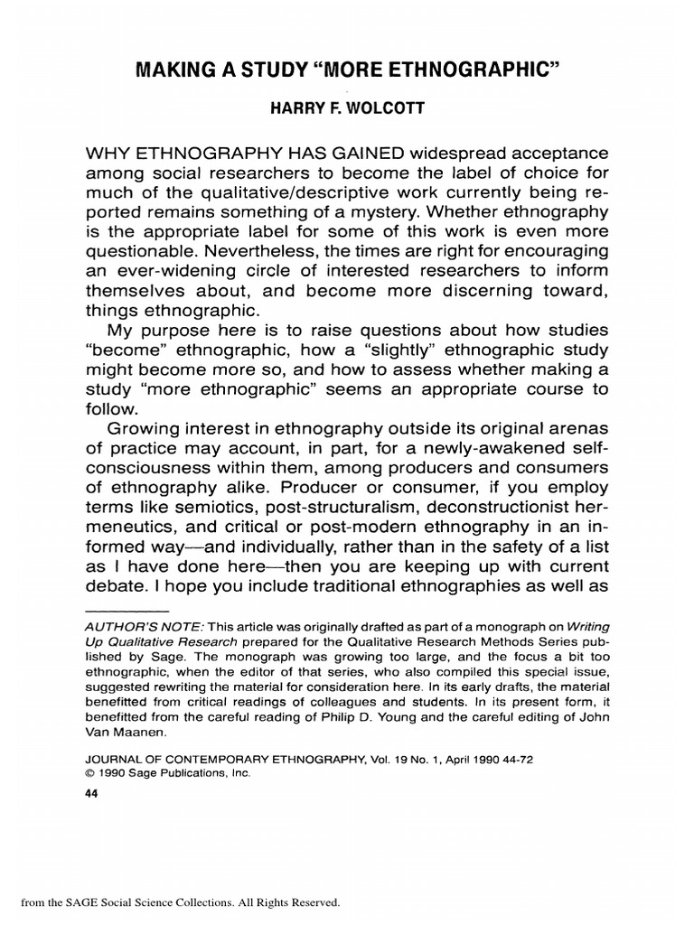 Harry Wolcott's Making A Study More Ethnographic | PDF