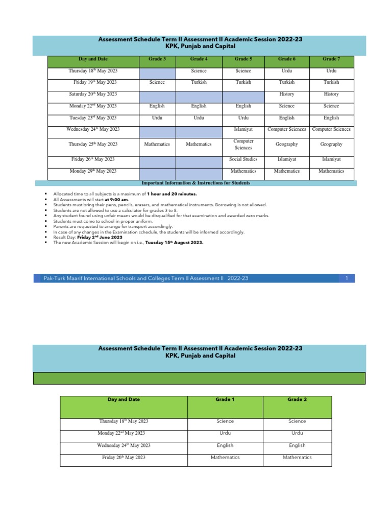Date Sheet Term II Assessment II 2022-23 | PDF | Science