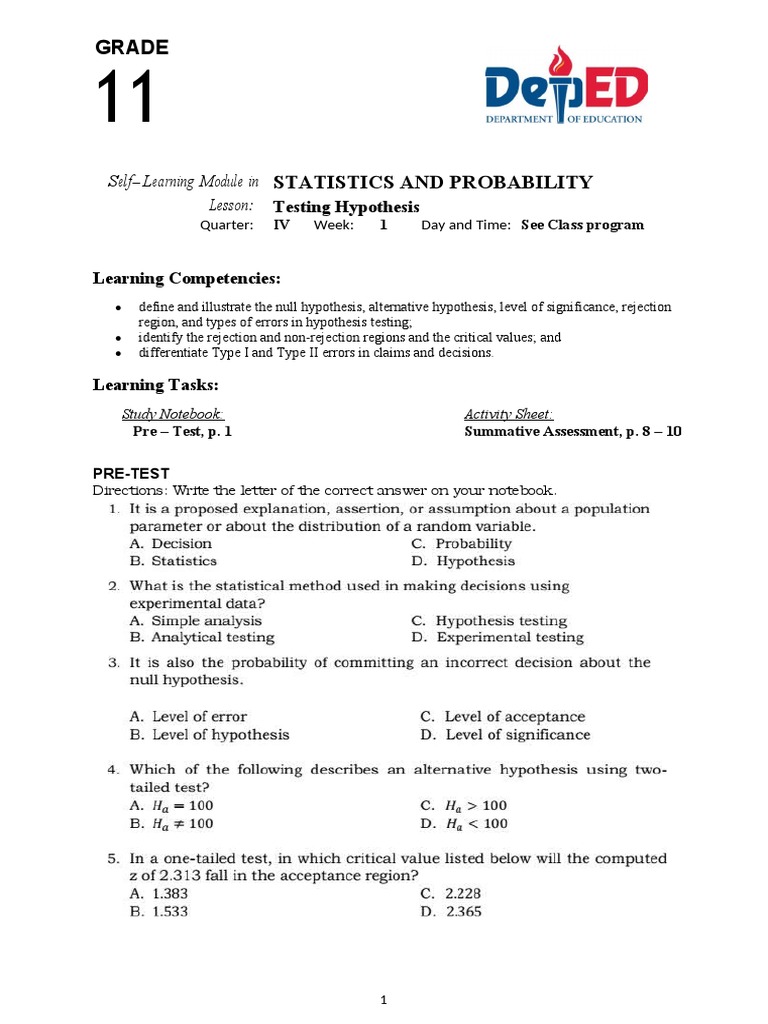 QUARTER 4 Module 1 Stat | PDF | Statistics | Statistical Significance