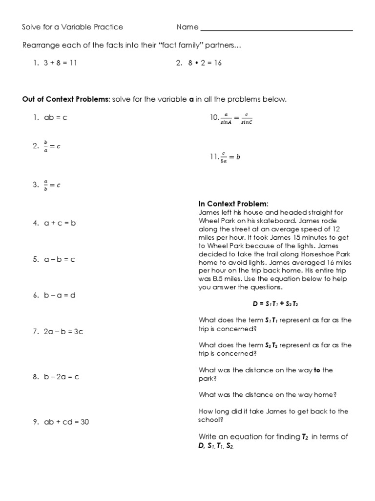 Solve for Variable Practice Worksheet | PDF | Teaching Methods & Materials