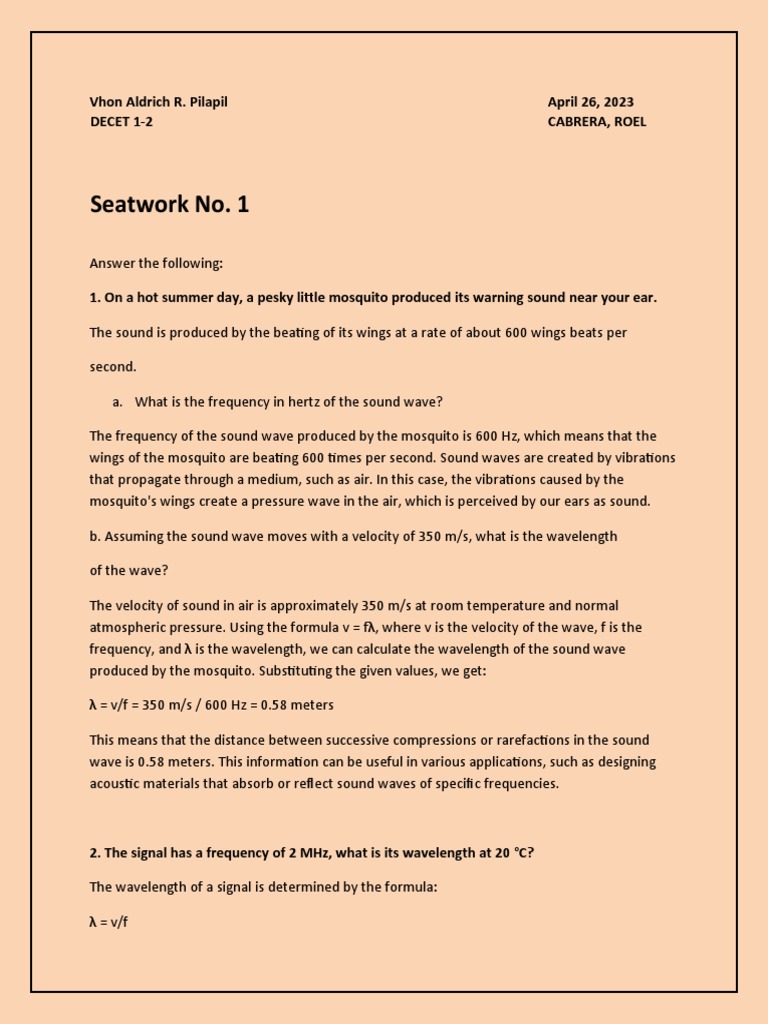Seatwork No. 1 | PDF | Sound | Wavelength