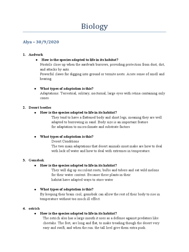 Biology Adaptation | PDF | Organisms | Zoology