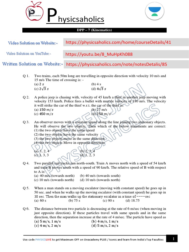 DPP 7 Kinematics RelativemotioninOne Dimension | PDF | Acceleration | Speed
