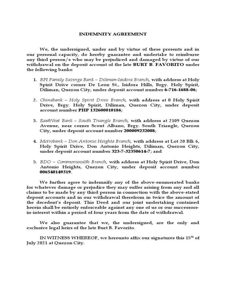 INDEMNITY AGREEMENT v2 | PDF | Indemnity | Common Law