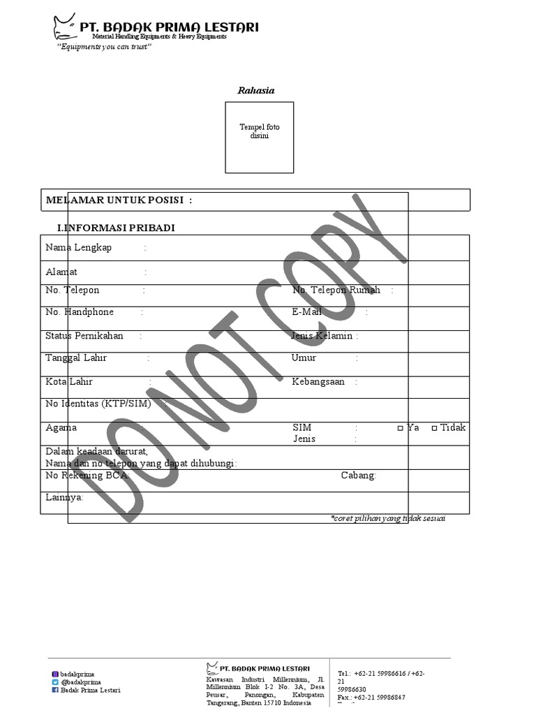 Formulir Karyawan Baru Badak Prima Lestari | PDF