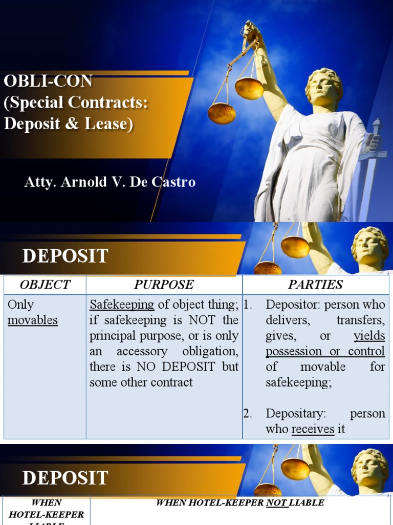 Obli-Con (Special Contracts: Deposit & Lease) : Atty. Arnold V. de Castro | Download Free PDF ...