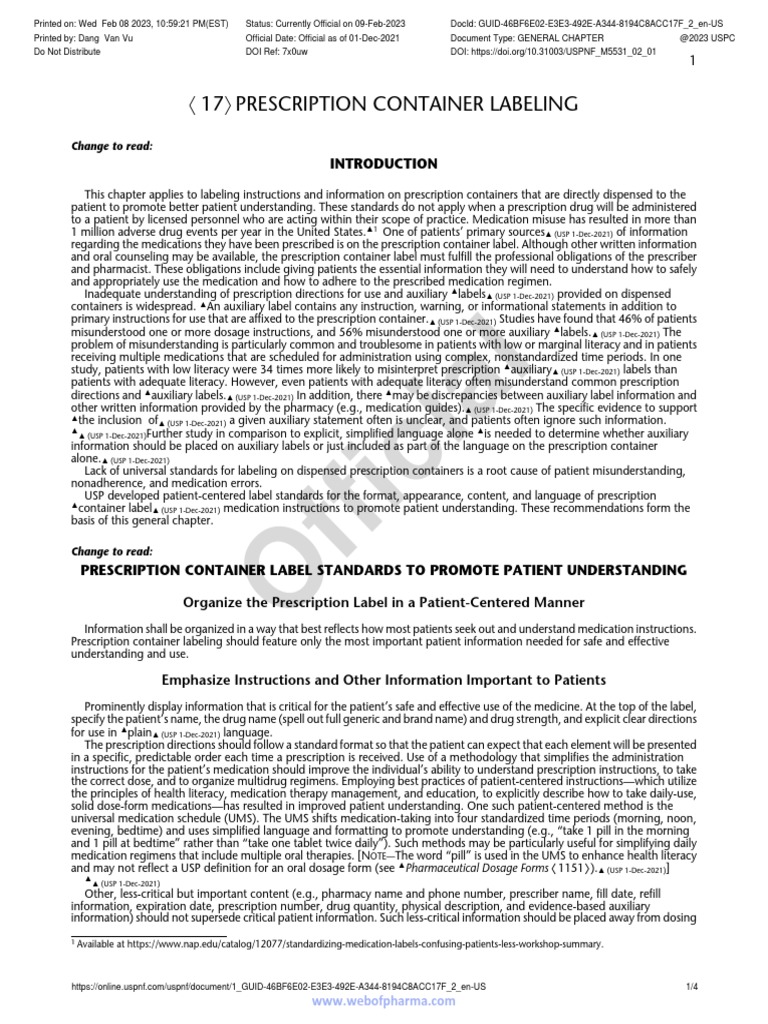 〈17〉 Prescription Container Labeling | PDF | Medical Prescription ...