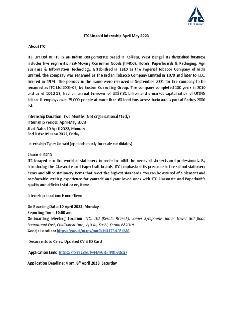 ITC Unpaid Internship April May 2023 | PDF | Career & Growth