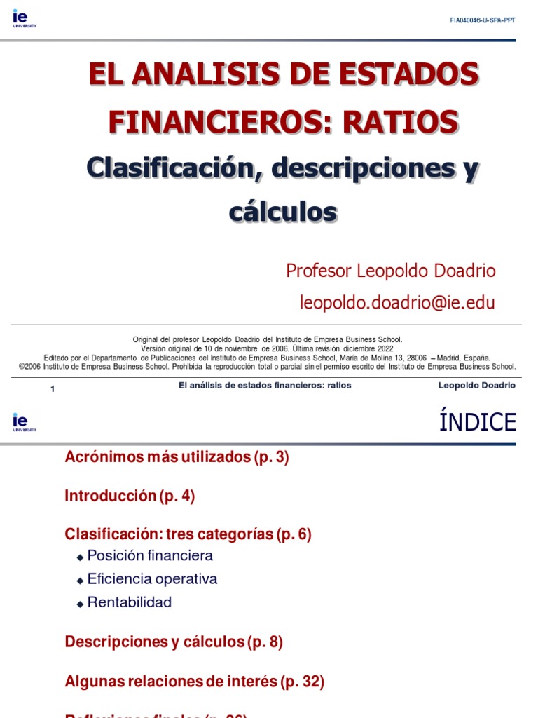 El Analisis de Estados Financieros: Ratios: Clasificación, Descripciones y Cálculos | PDF ...